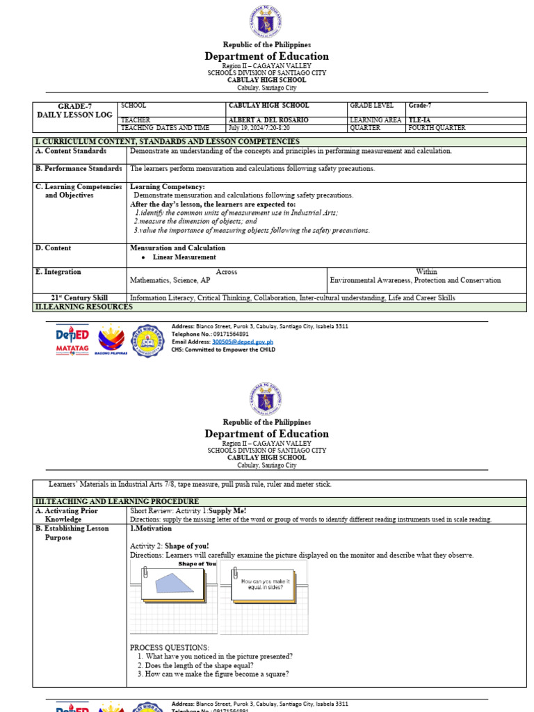 Matatag DLL Tle 7 Ia Final | PDF | Learning | Cognition