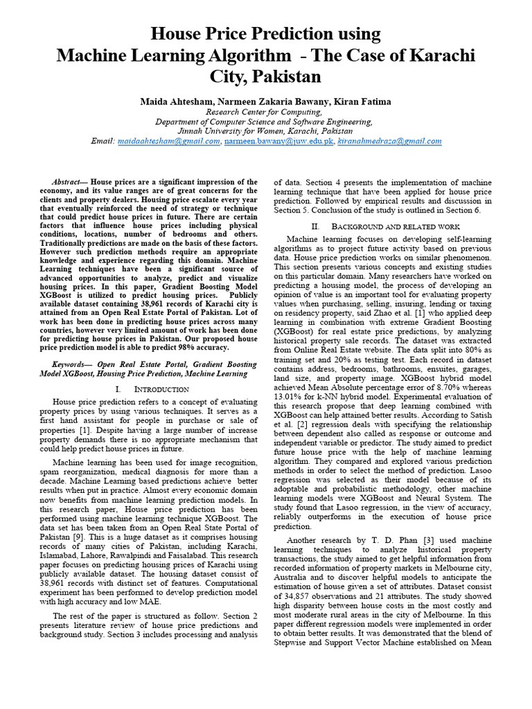 House Price Prediction Using Machine Learning Algorithm - The Case of Karachi City, Pakistan ...