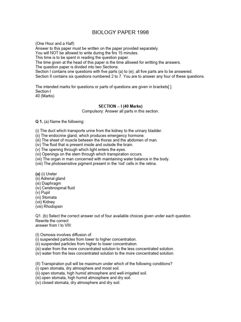 BIOLOGY PAPER ICSE 1998 | PDF | Biology | Anatomy