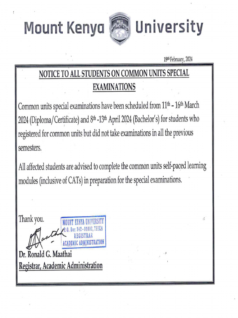 Notice To Students - Common Units Special Examinations | PDF