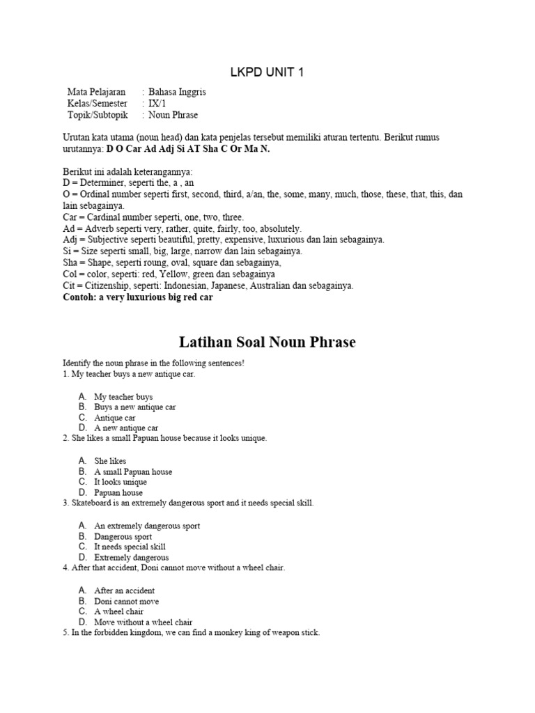 Latihan Soal Noun Phrase | PDF | Syntax | Linguistics