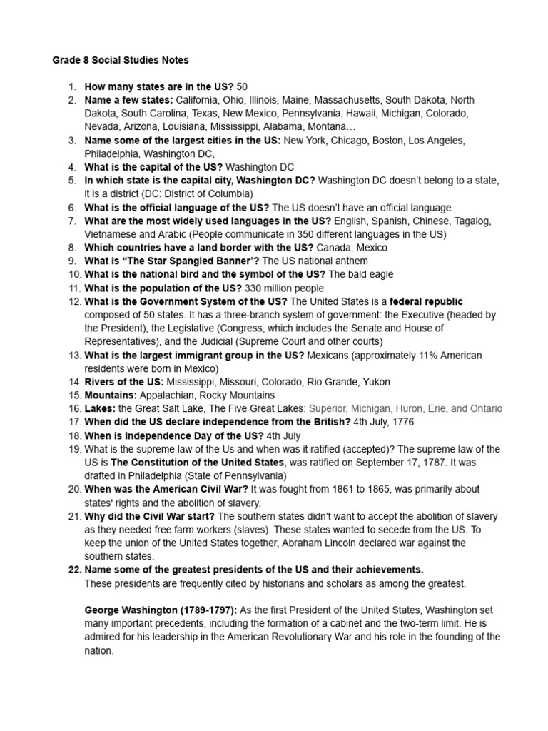 Grade 8 Social Studies Notes | PDF | The United States | American Civil War