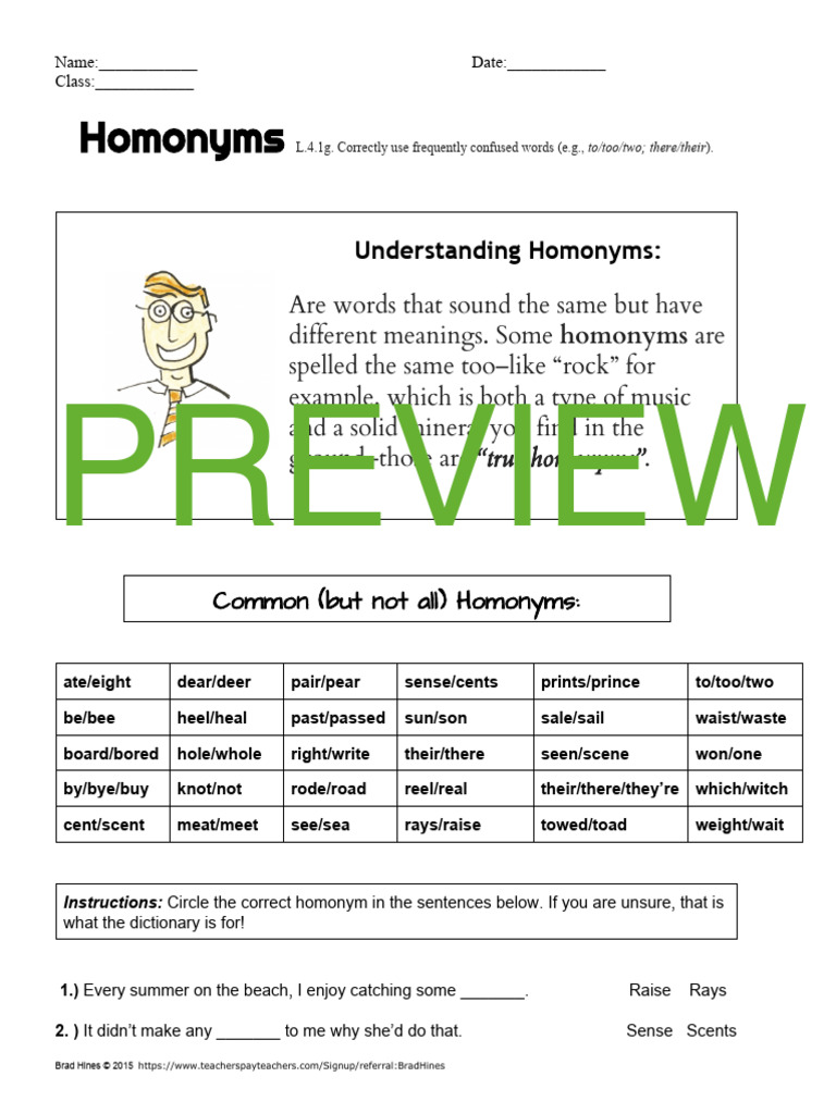 Homonyms Practice Worksheet | PDF