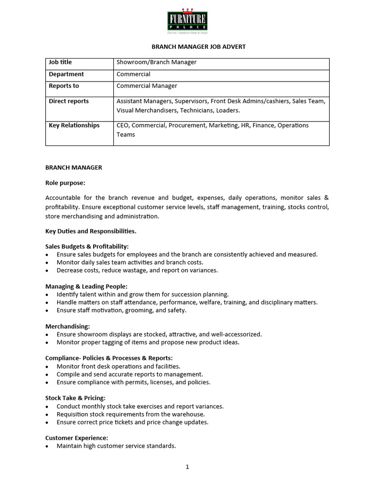 Branch Manager Job Advert 2024 | PDF | Sales | Retail