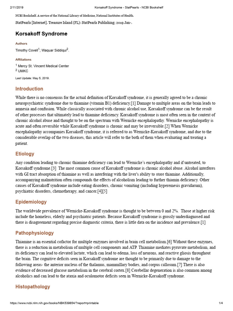 Korsakoff Syndrome - Timothy Covell - NCBI Bookshelf | PDF | Human ...