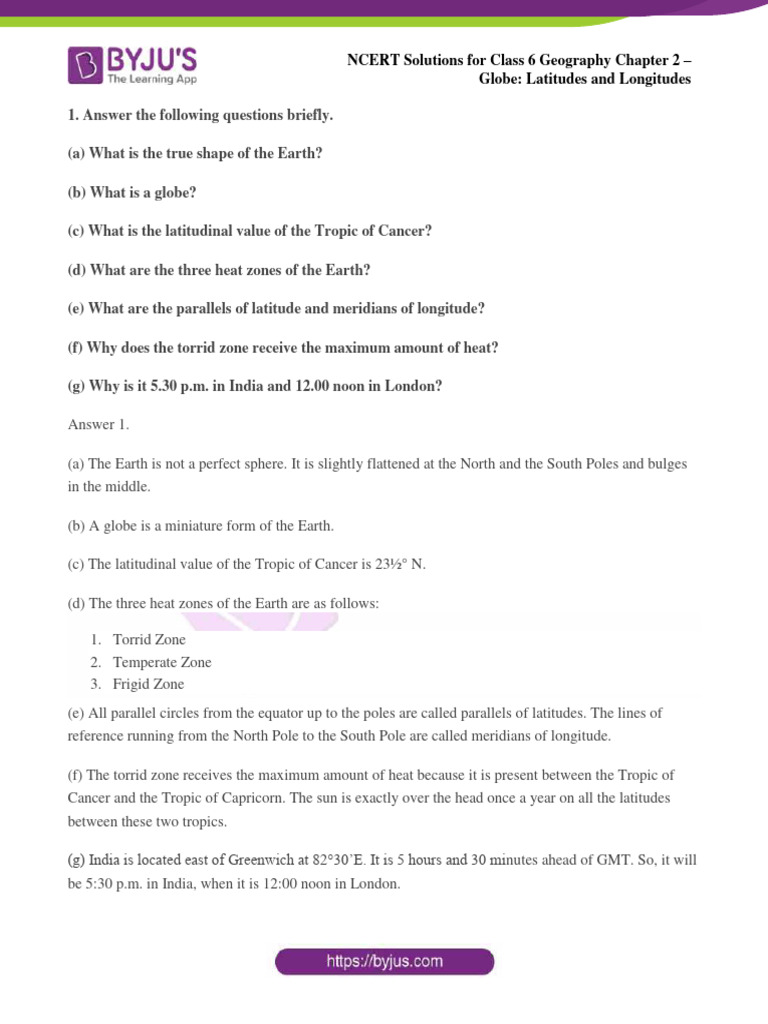 NCERT Solutions For Class 6 Geography Chapter 2 - Globe: Latitudes and ...