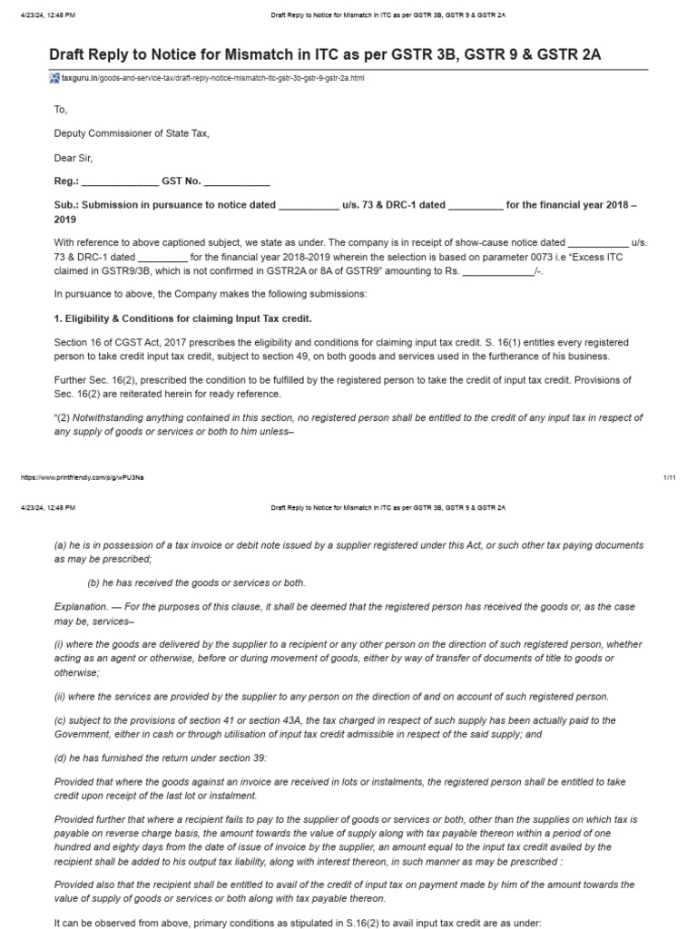 Draft Reply To Notice For Mismatch in ITC As Per GSTR 3B, GSTR 9 & GSTR ...