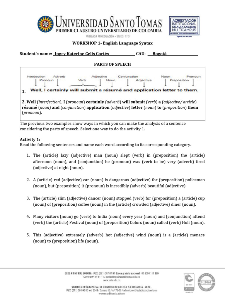 Workshop 1 2022-1 SYNTAX | PDF | Part Of Speech | Noun
