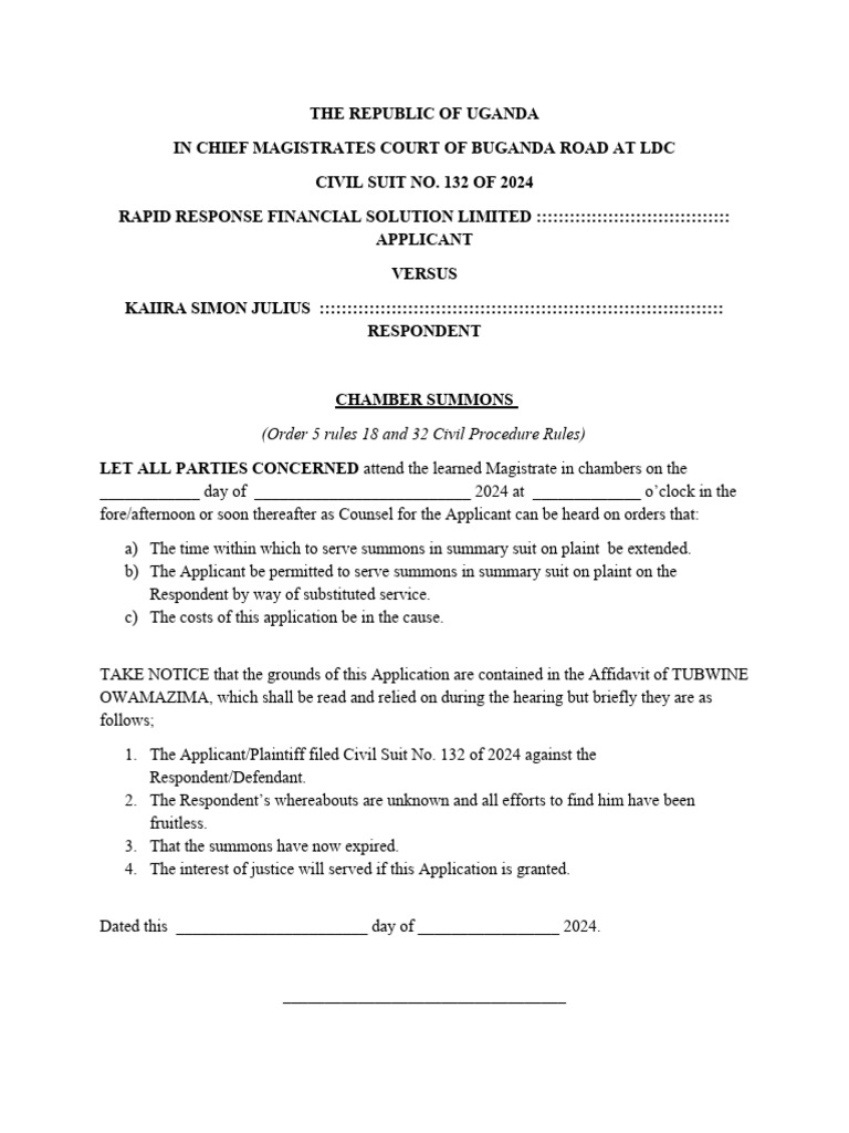 Application For Substituted Service KAIIRA | PDF | Lawsuit | Summons