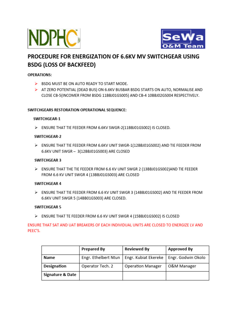 Procedure For Energization of 6.6KV MV Switchgear Using BSDG (Loss of ...