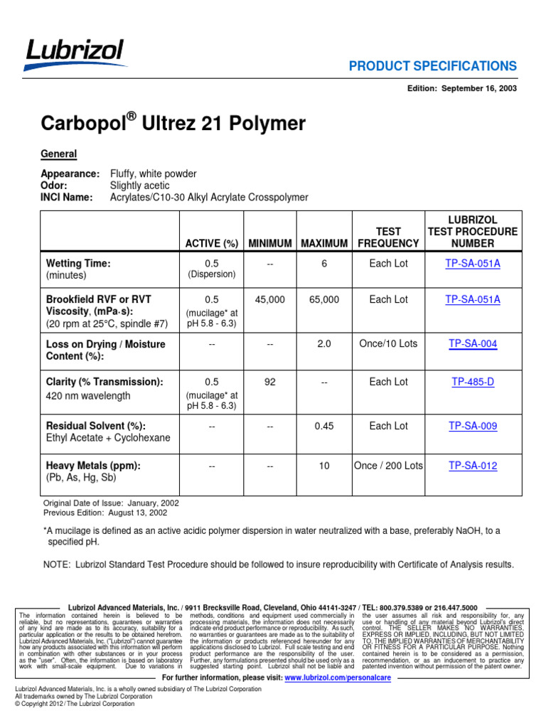 PS Carbopol Ultrez 21 Polymer | PDF | Materials