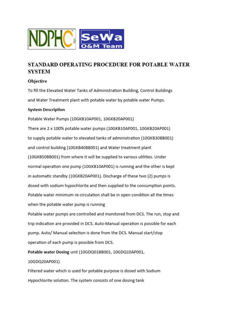 STANDARD OPERATING PROCEDURE FOR POTABLE SYSTEM | PDF | Pump | Water