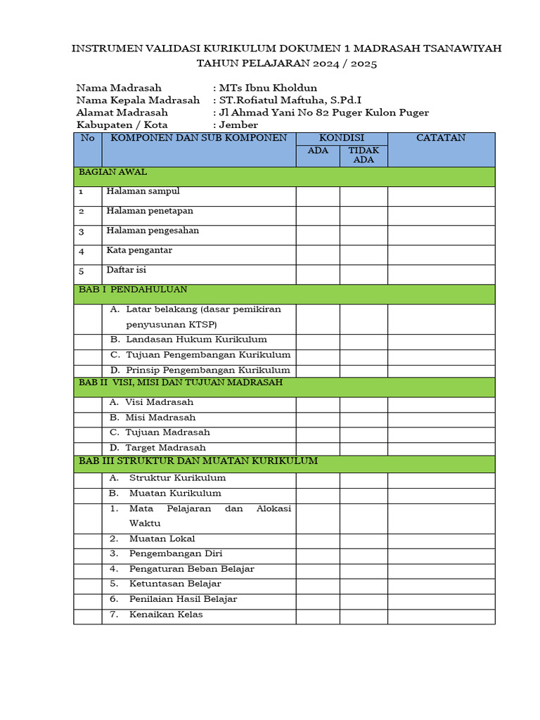Validasi Kurikulum MTs 2024/2025 | PDF