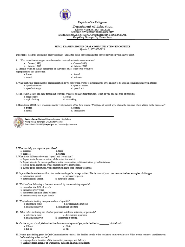25 Item Test With TOS | PDF | Speech | Conversation