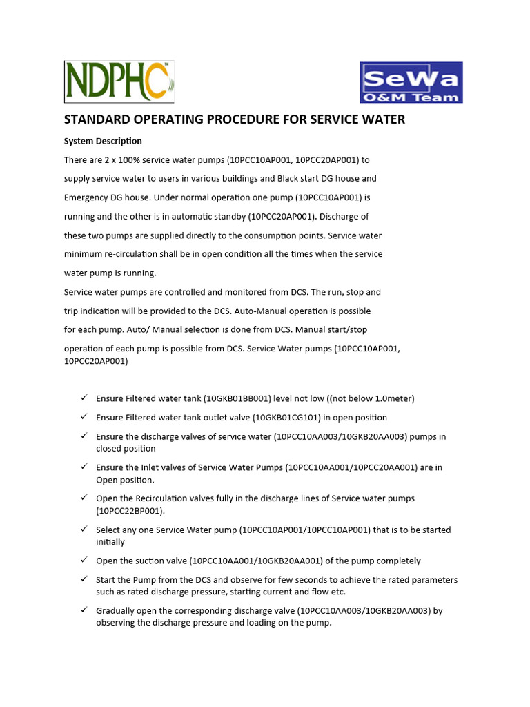 Standard Operating Procedure For Service Water | PDF | Pump | Valve