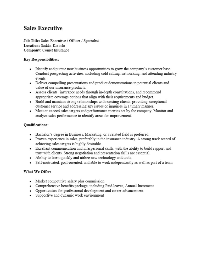 Sales Executive Position at Comet Insurance | PDF | Career & Growth ...