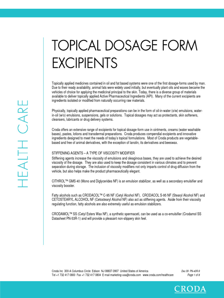 Topical Dosage Form Excipients Pn-40r-9 New Format | PDF | Topical Medication | Emulsion