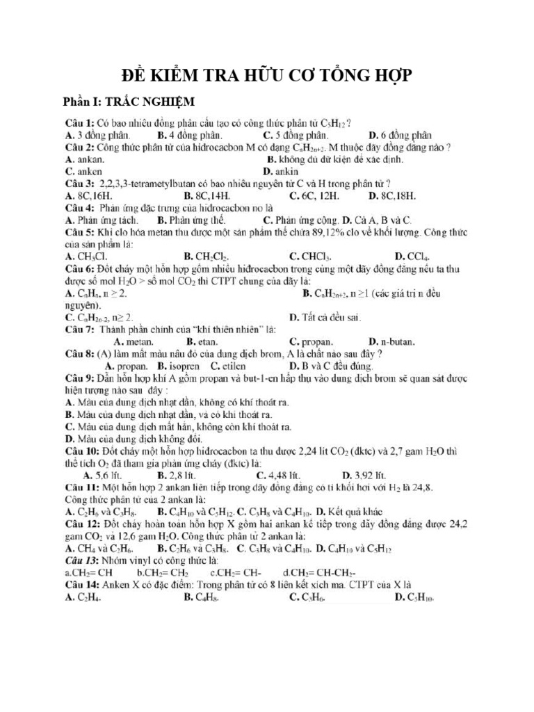 ĐỀ KIỂM TRA ANKAN-ANKEN-ANKIN | PDF