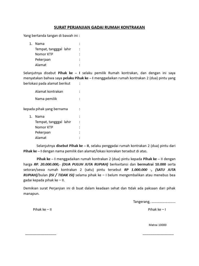 Surat Perjanjian Gadai Rumah Kontrakan Baru-1 | PDF