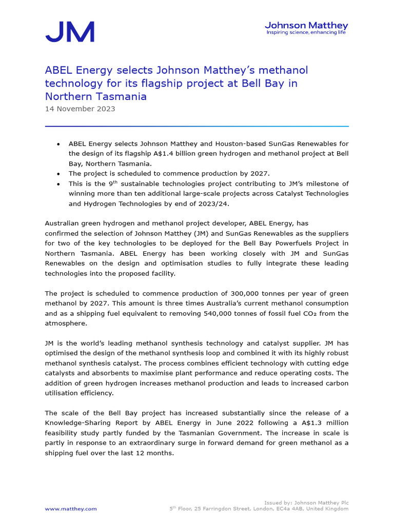 ABEL Energy Chooses JM for Methanol Project | PDF | Methanol ...