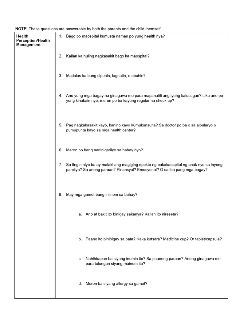 Gordons Pattern Questionnaire | PDF