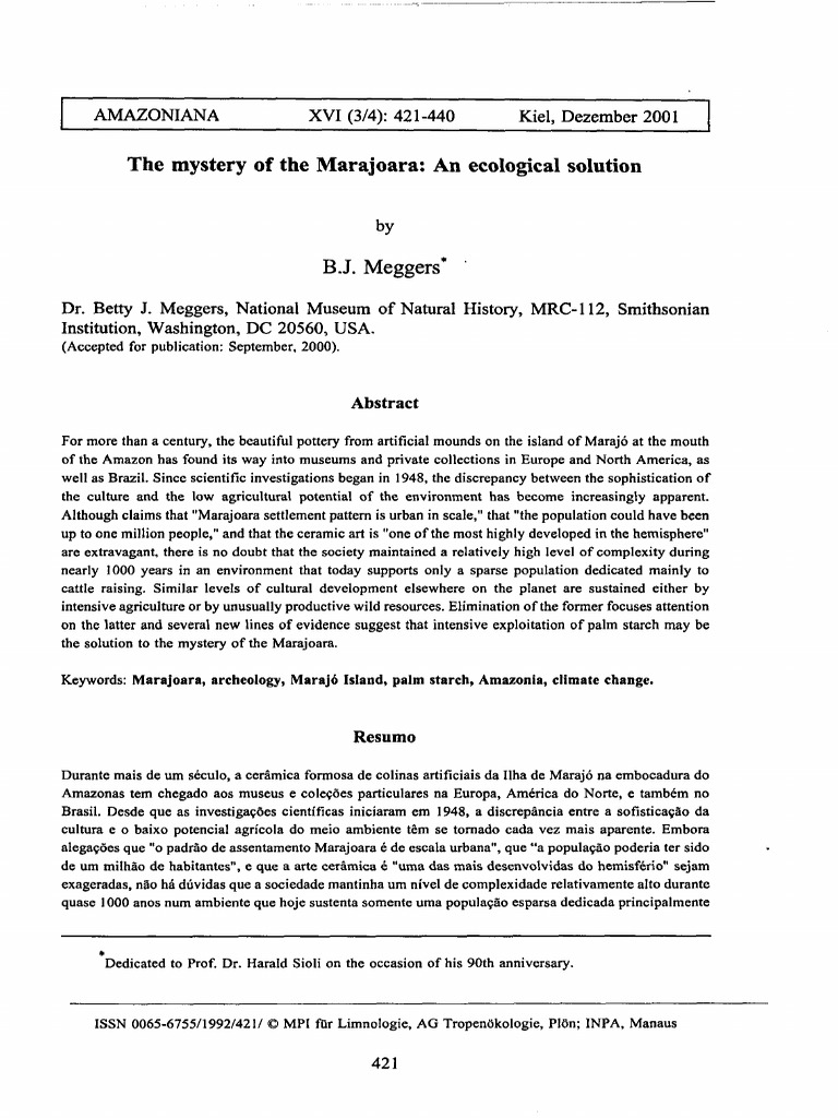 The Mystery of The Marajoara: An Ecological Solution: Amazoniana XVI (314) : 421-440 Kiel ...