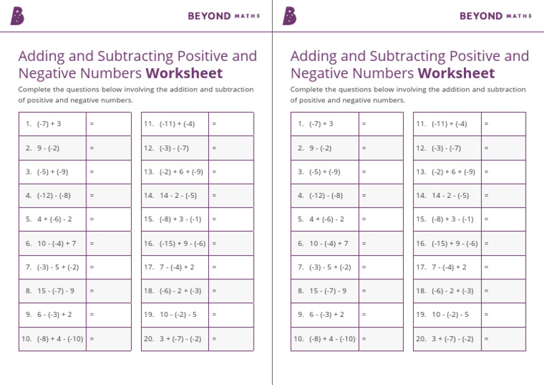 L16 Adding and Subtracting Positive and Negative Numbers - Worksheet | PDF