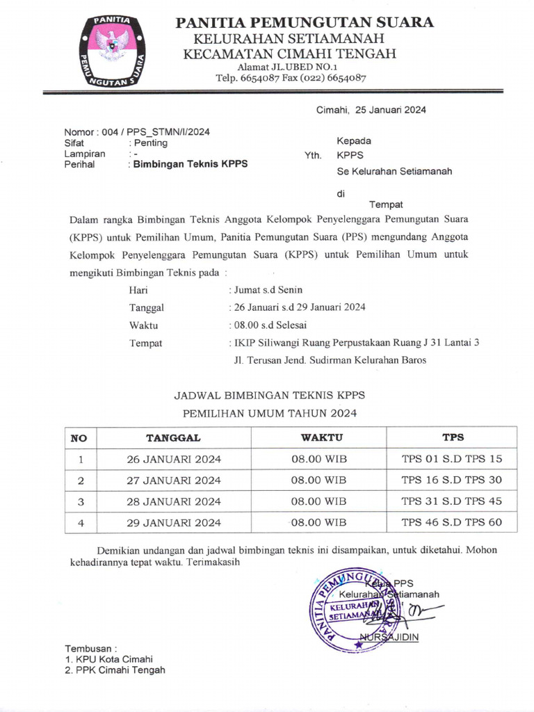 Undangan Dan Jadwal Bimtek KPPS | PDF
