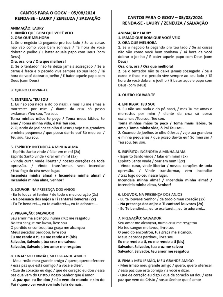 Cantos para o Grupo de Oração - 05-08-2024 | PDF | Oração | Amor Cantos para o Grupo de Oração - 05-08-2024 | PDF | Oração | Amor