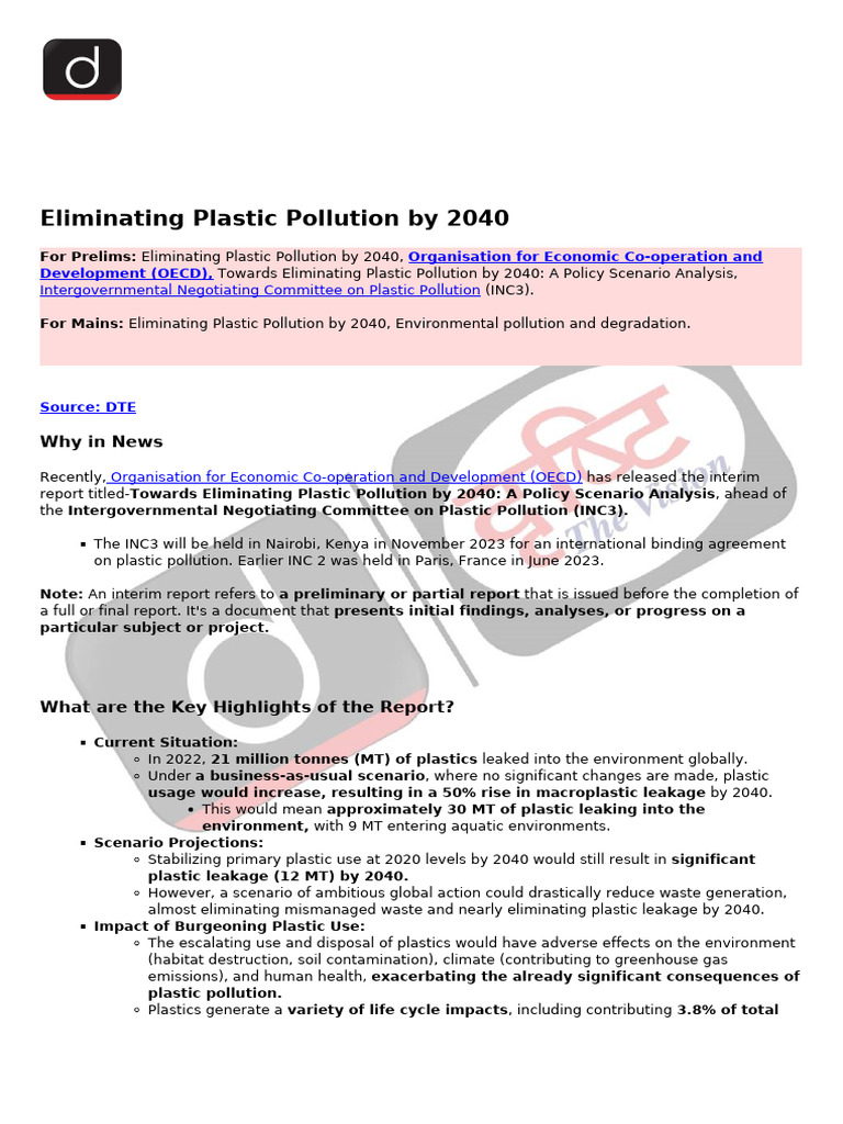 Eliminating Plastic Pollution by 2040: Why in News | PDF | Plastic | Pollution