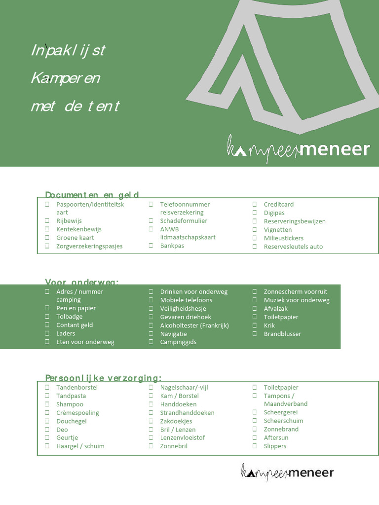 Paklijst Kamperen Met Tent 1 2 | PDF