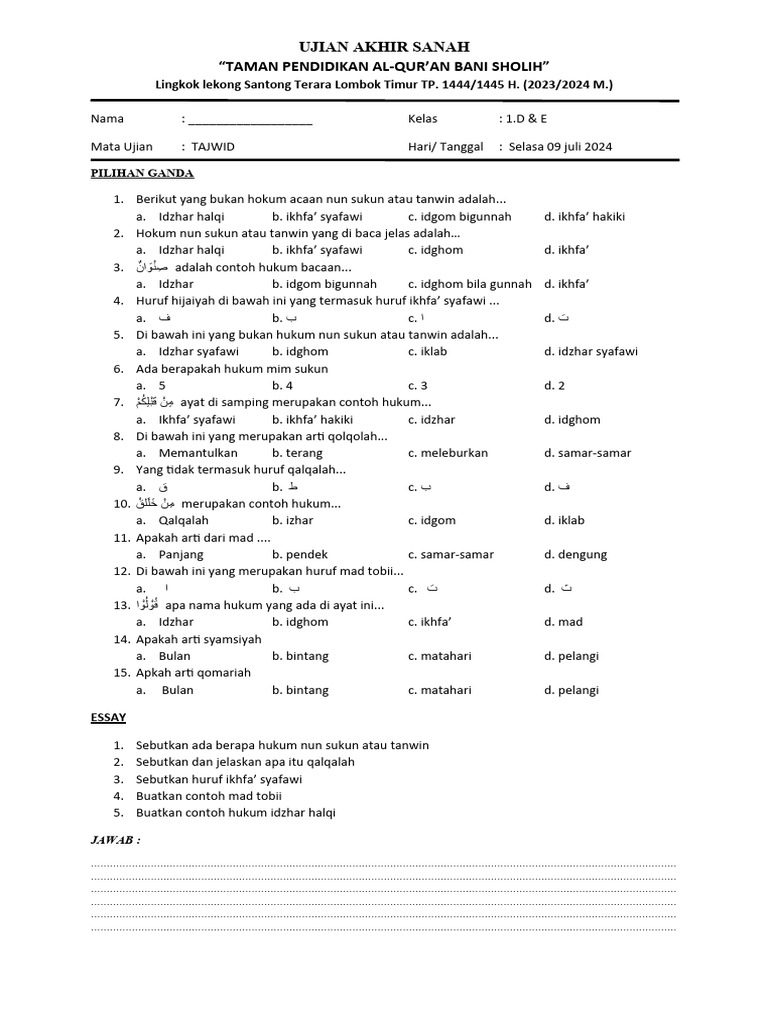 Contoh Soal Tajwid TPQ | PDF