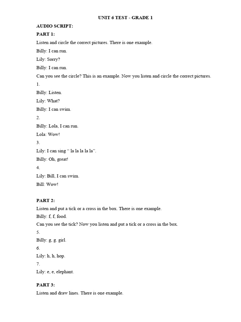 Đề KT Unit 6 - Tiếng Anh 1 Smart Start - Scripts | PDF | Language Arts & Discipline | Foreign ...