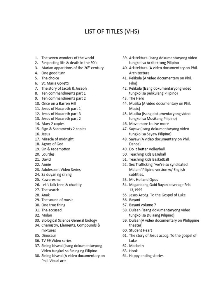 List of Titles Vhs | PDF