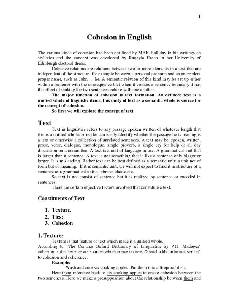 Understanding Cohesion in English Texts | PDF