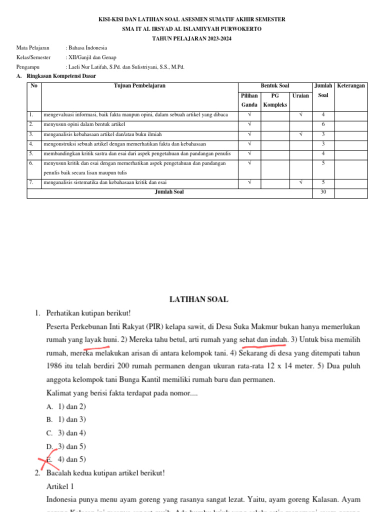 Kisi-Kisi Dan Latihan Soal ASAS 1 2023-2024 | PDF