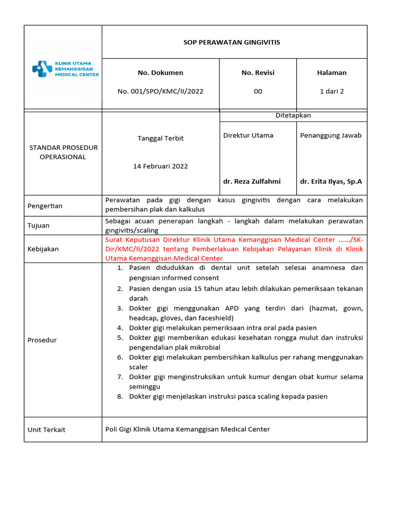 SOP PERAWATAN GINGIVITIS (SCALING) | PDF SOP PERAWATAN GINGIVITIS (SCALING) | PDF