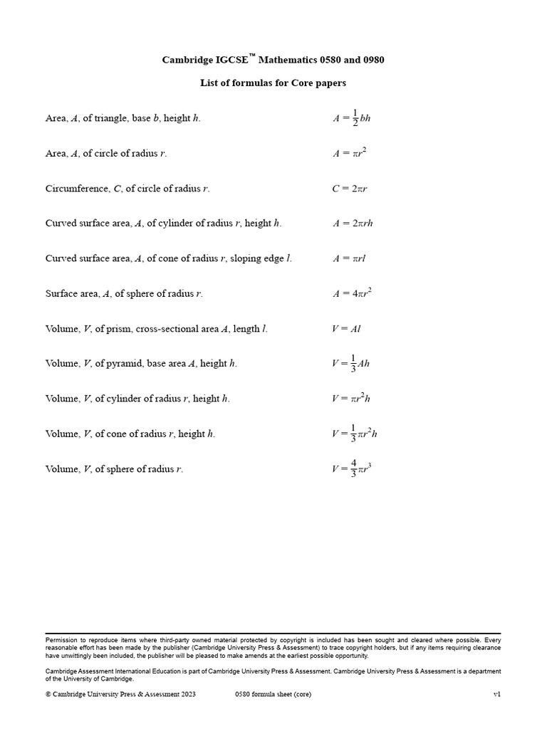 0580 Formula Sheet For Core Papers | PDF | Area | Sphere