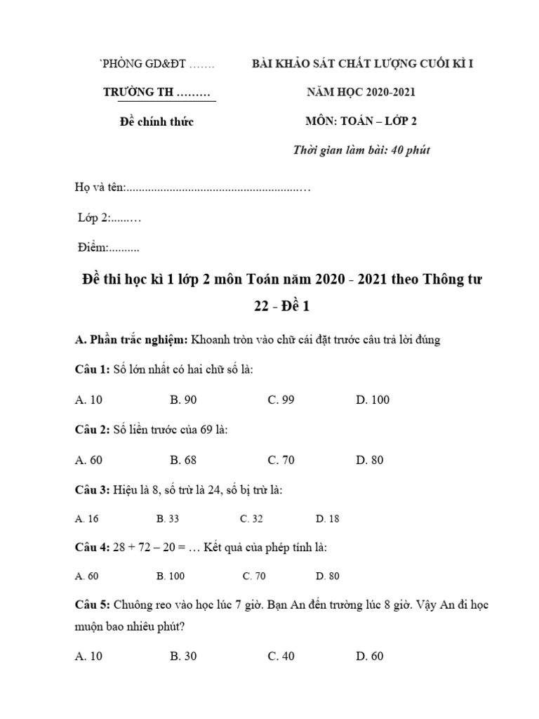 De Thi Hoc Ki 1 Lop 2 Mon Toan Nam 2020 2021 Theo Thong Tu 22 de 2 | PDF