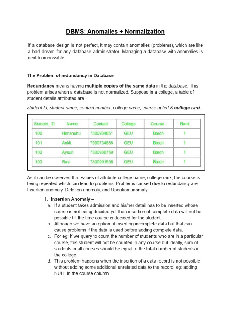 Aman's Copy of DBMS 2 - Anomalies + Normalization | PDF | Databases | Data Management