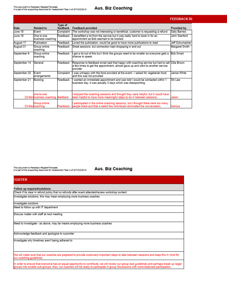Feedback Register Template.xlsx | PDF