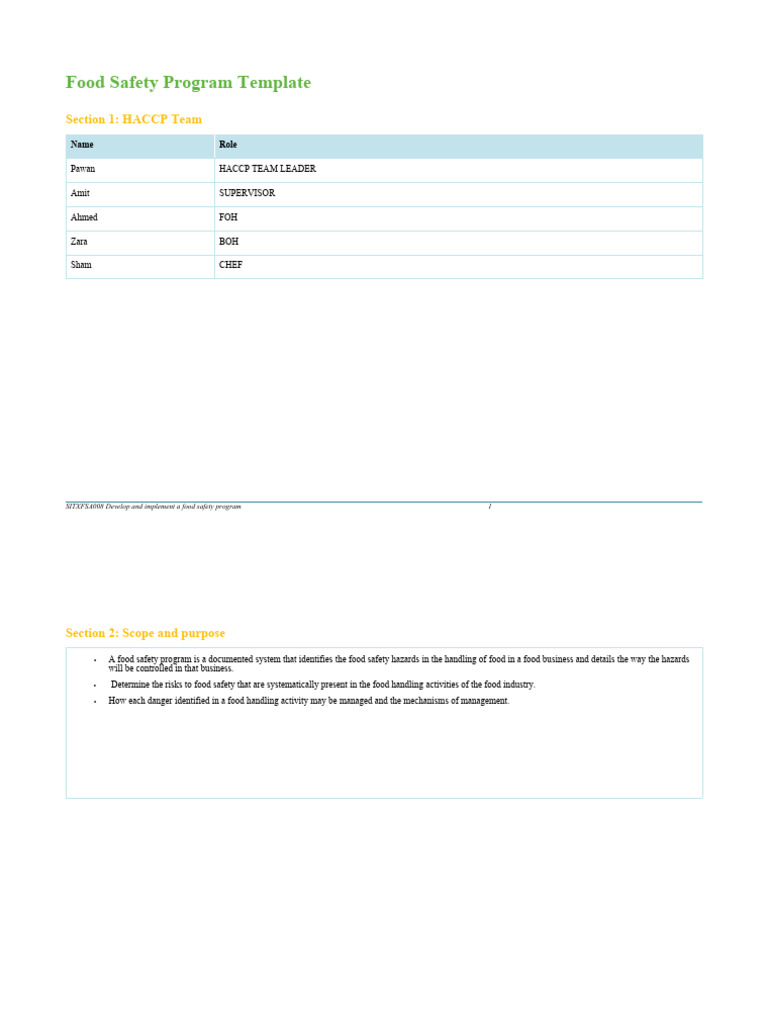 SITXFSA008 Food Safety Program Template ,. | PDF | Food Safety | Hazard ...