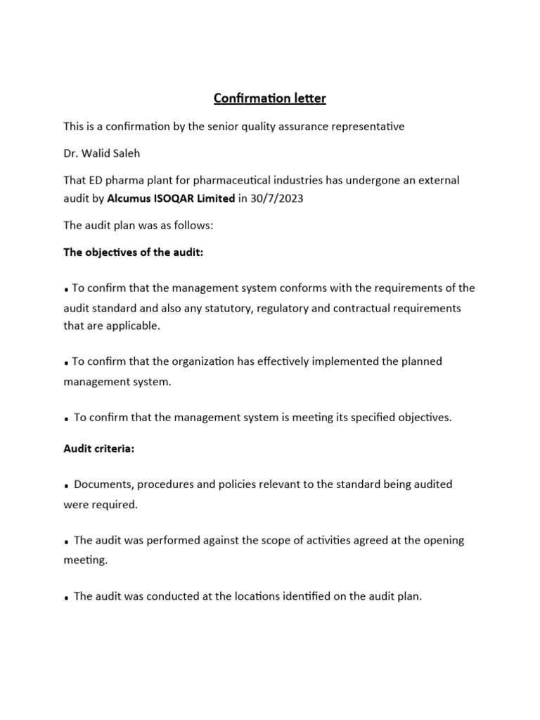 ED Pharma ISO Audit Confirmation Letter | PDF | Career & Growth | Business