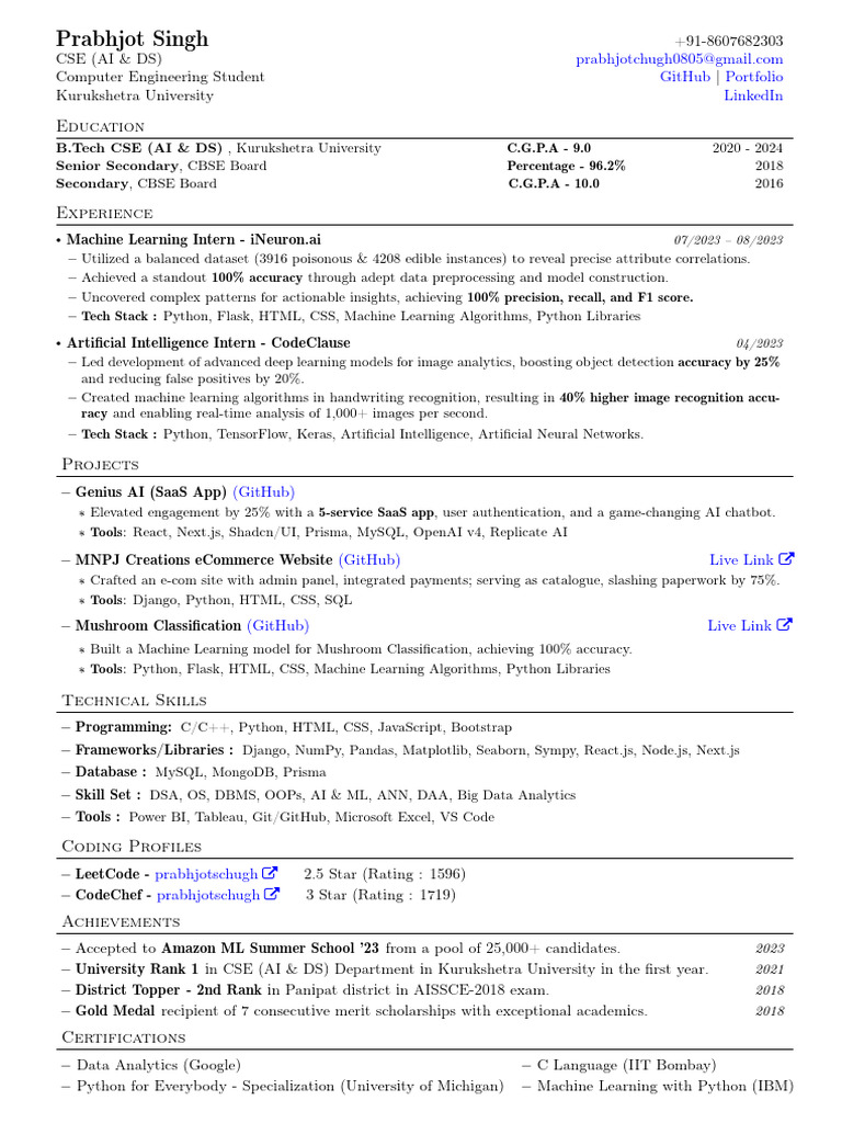 Prabhjot Singh Resume 2I9W1ZQX17 | PDF | Artificial Intelligence | Intelligence (AI) & Semantics