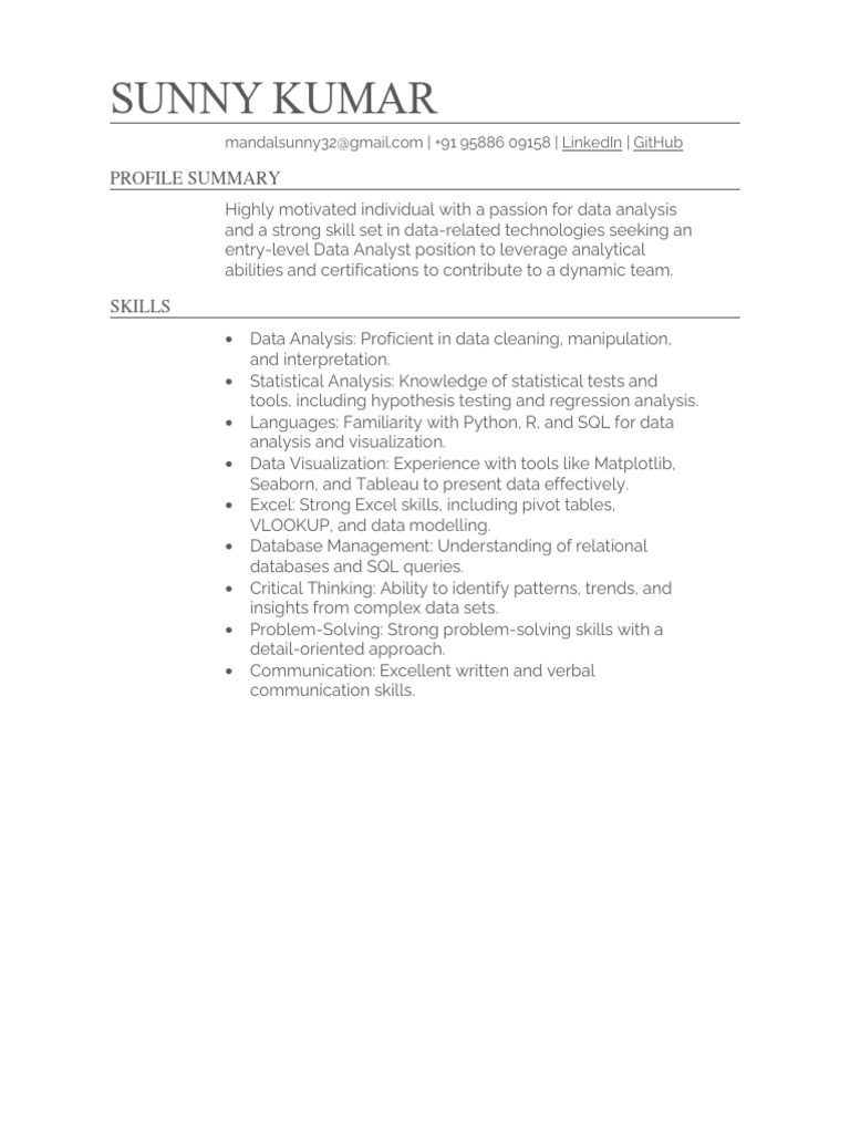 Sunny Kumar Resume Data Analyst Updated Resume 0VEAYTB4J6 | PDF | Data Analysis | Data