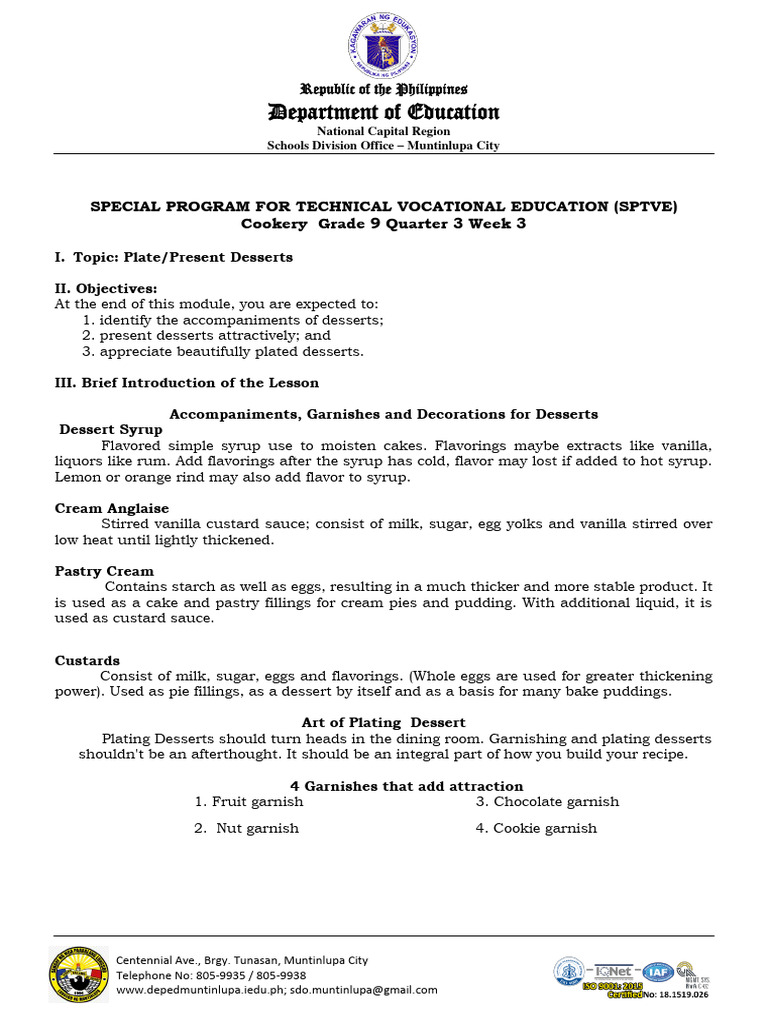 COOKERY9c Q3W3 4p SPTVE | PDF | Custard | Desserts