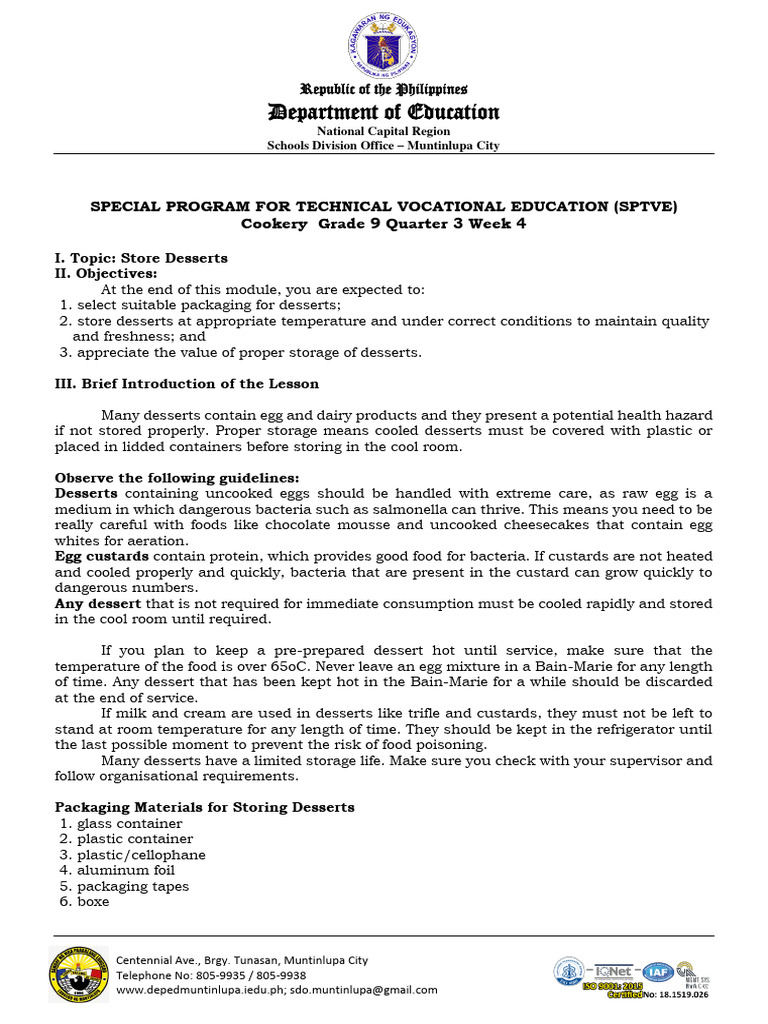 COOKERY9d Q3W4 4p SPTVE | PDF | Custard | Desserts