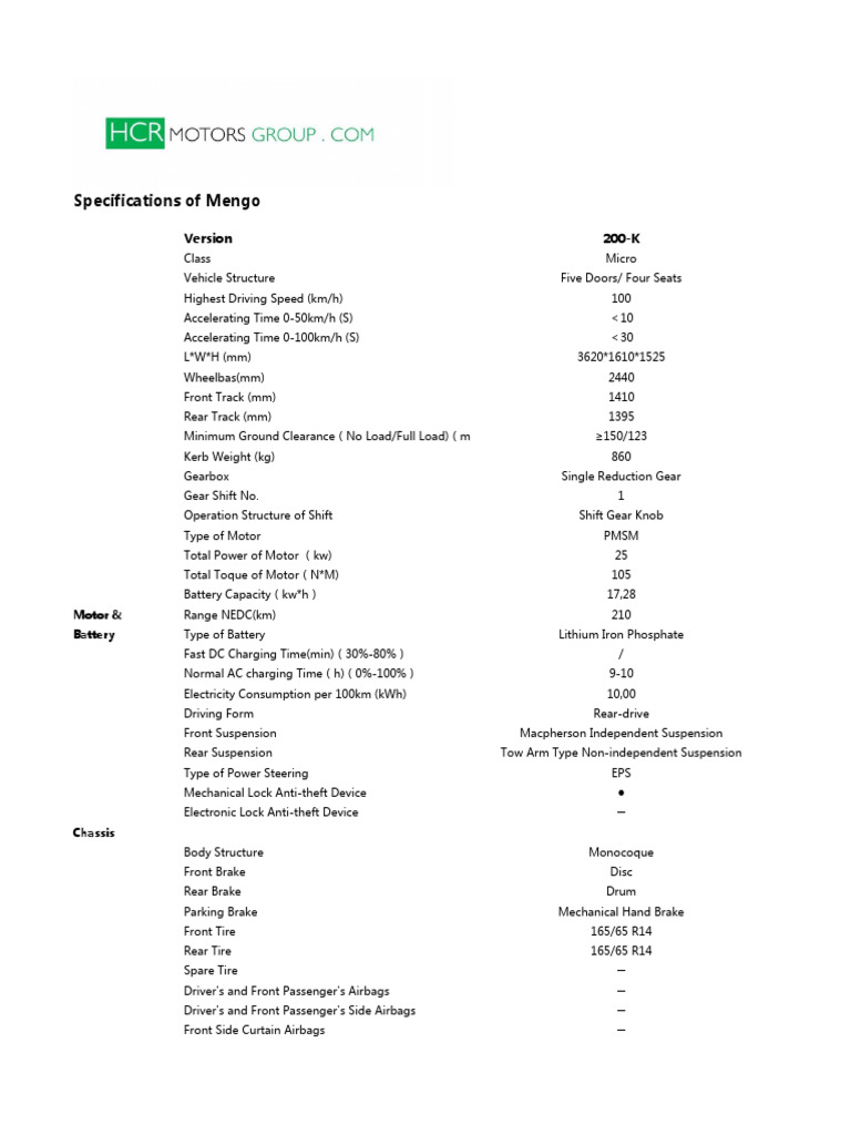 Mengo 200-K Micro EV Specifications | PDF | Trunk (Car) | Steering