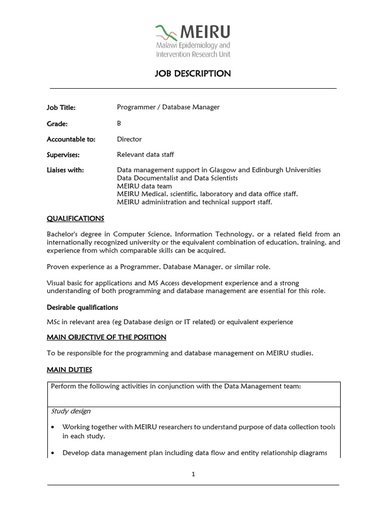 Programmer/Database Manager Job Description | PDF | Data | Databases