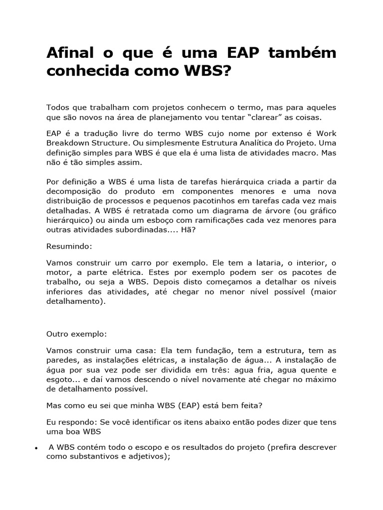 Afinal o Que É Uma EAP Também Conhecida Como WBS? | PDF